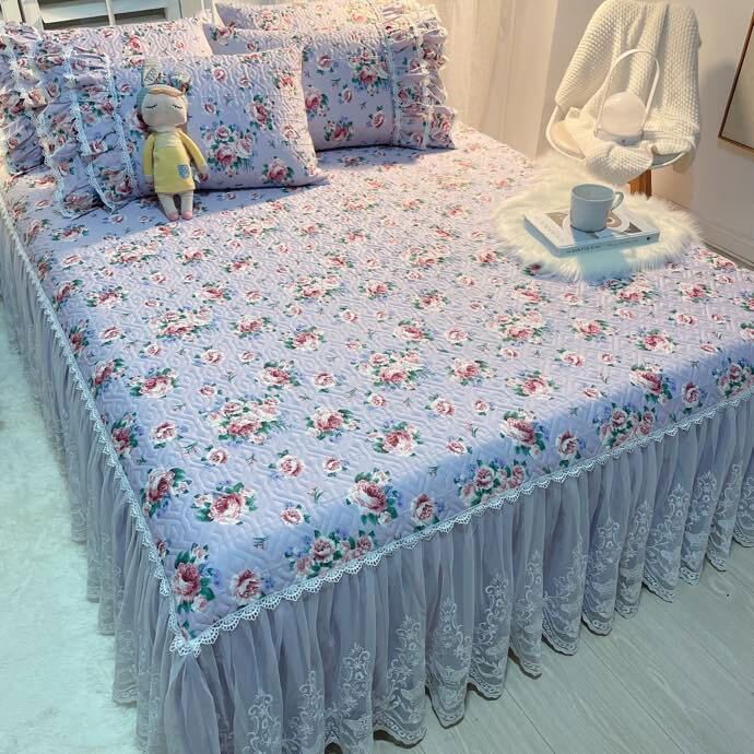 Floral Bedding Set Quilted Lace Ruffles Bed Skirt Mattress Cover ...