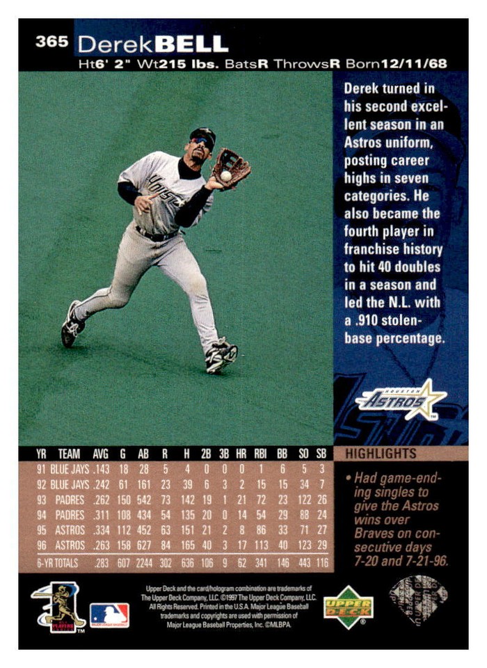 1997 Upper Deck #365 Derek Bell Houston Astros Baseball NM | eBay