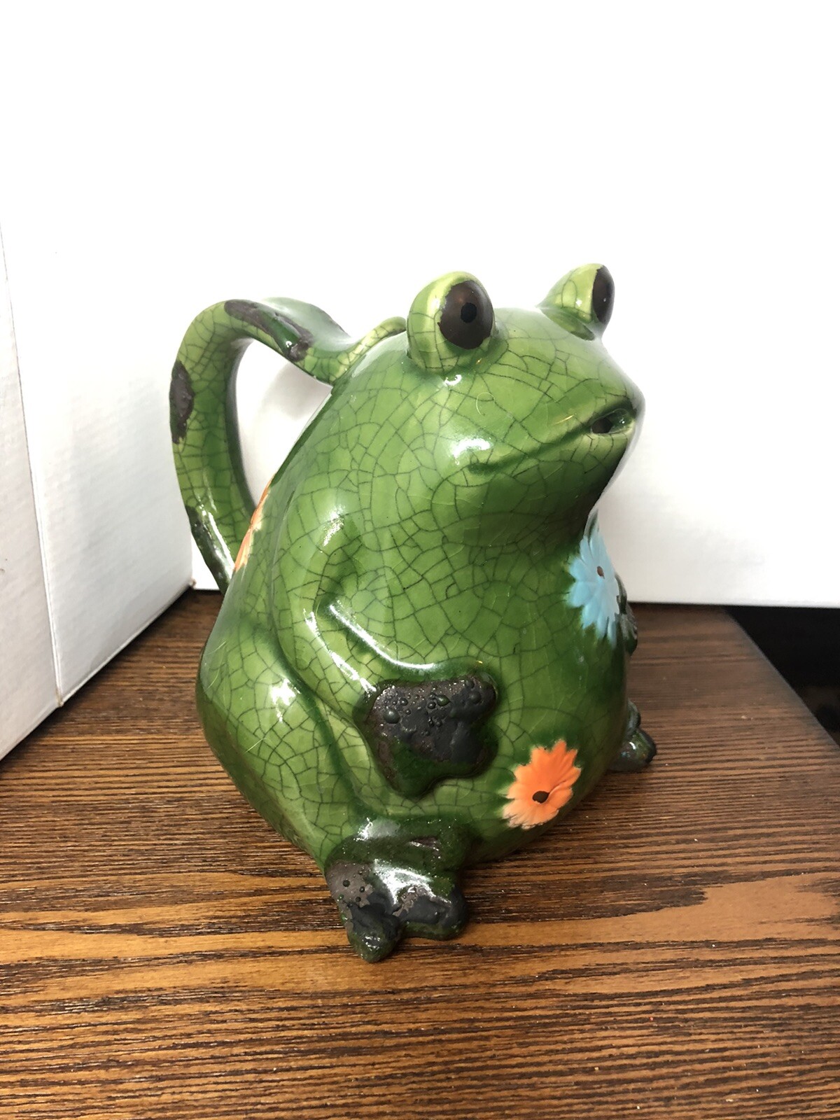 Vintage 6” H Ceramic Crackle Finish Green Frog Pitcher Jug With Flowers ...