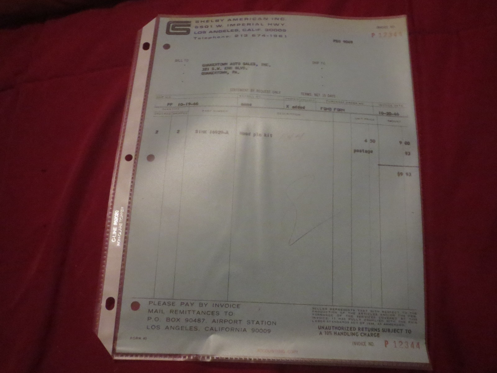 1966 SHELBY INVOICE TO QUAKERTOWN AUTO SALES INC QUAKERTOWN ...