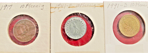 Lot of 3 German 10 Pfennig Coins "Across the 20th Century"- 1917, 1941 ...