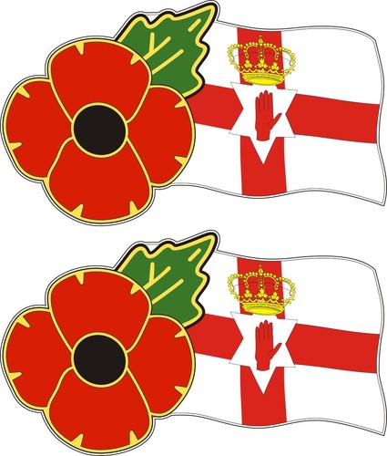 2 POPPY DAY CAR STICKERS WITH ULSTER FLAG - for cars, tablets, laptops ...