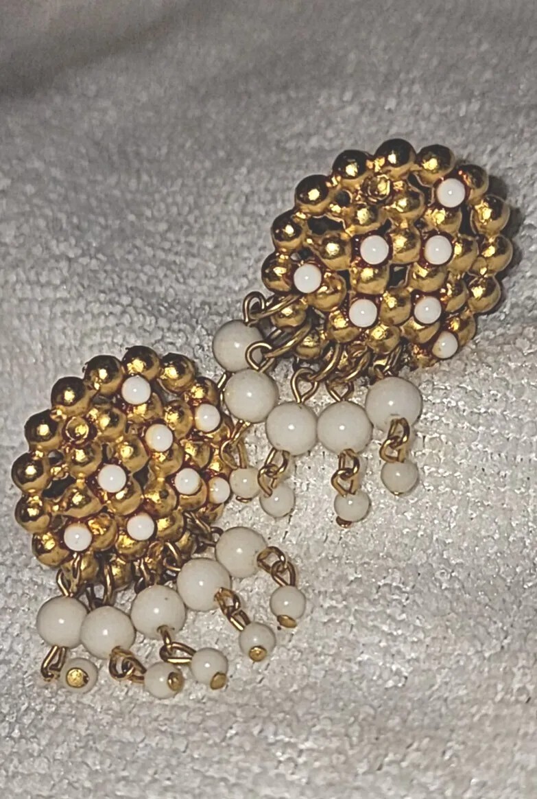 Vintage CRAFT White BEAD FRINGE Charm Dangle Earring… - Gem