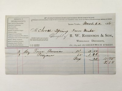 1878 antique R.W. ROBINSON & SON ny INVOICE wholesale DRUGGIST remedies ...