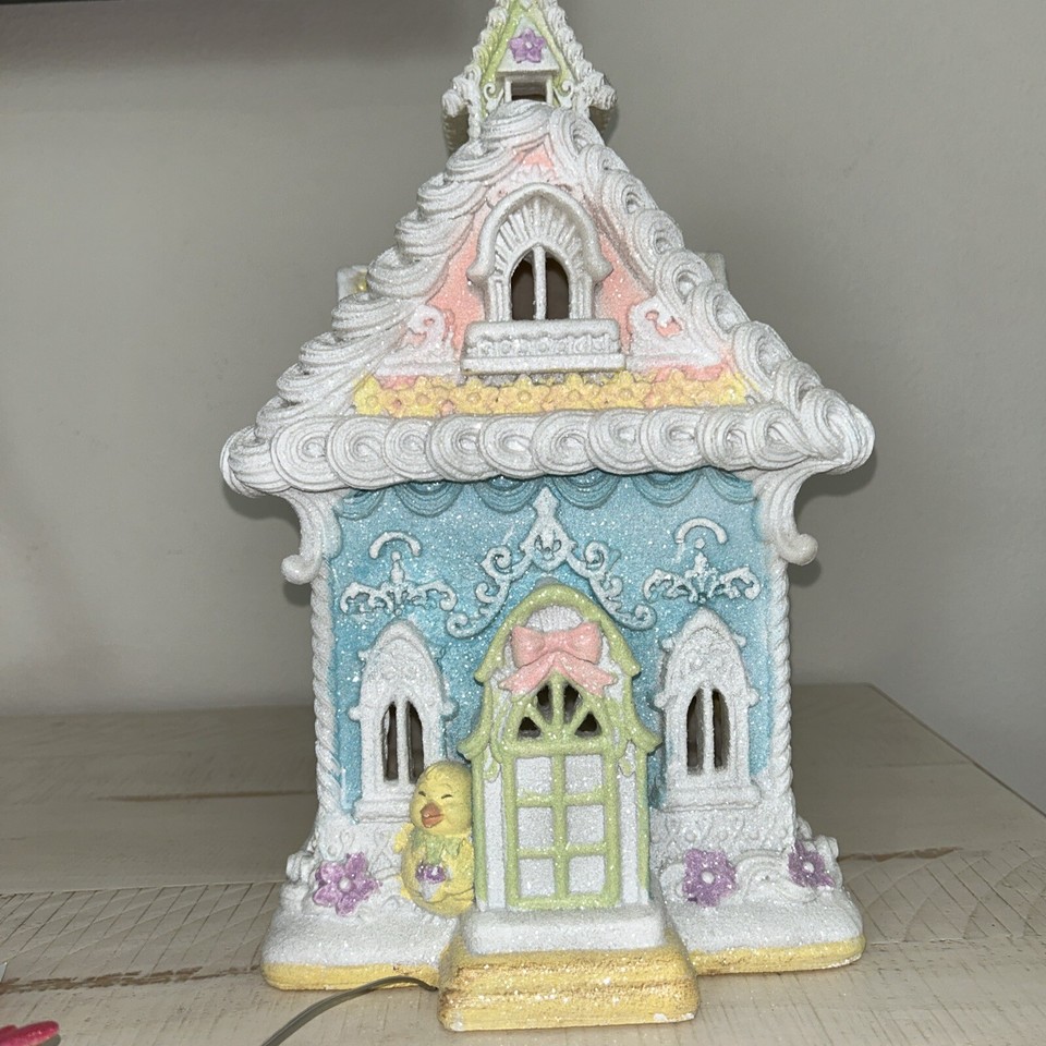 Pastel blue yellow pink Easter Victorian gingerbread house with duck | eBay