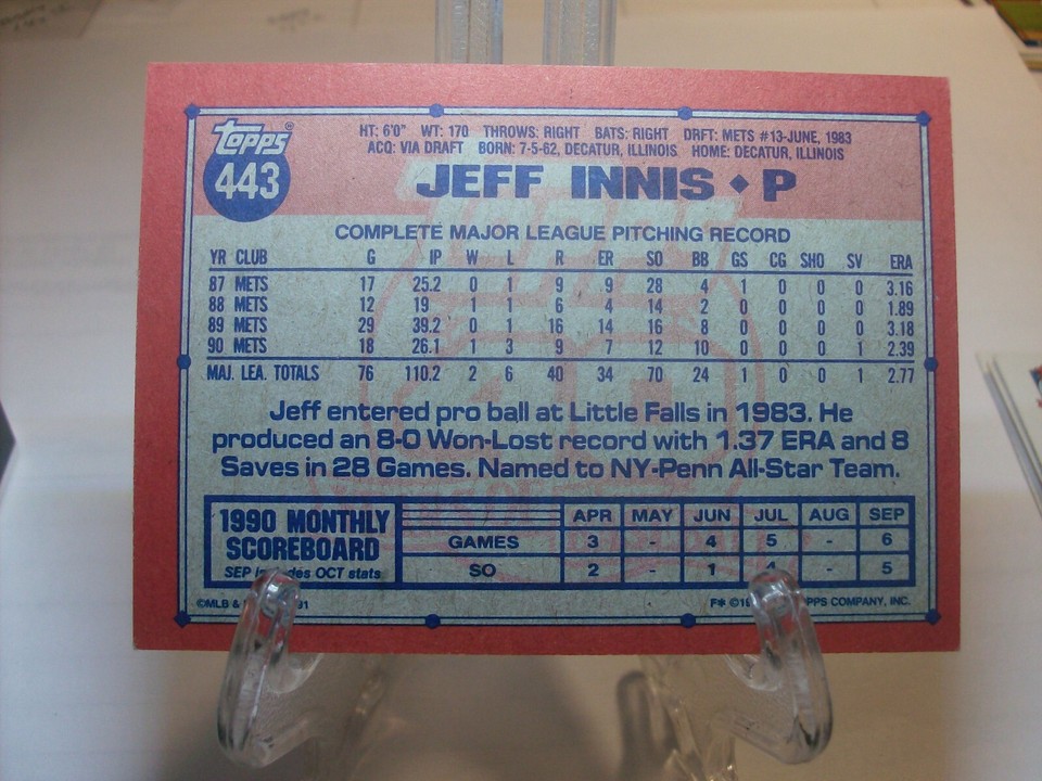 1991 Topps Baseball #443 - Jeff Innis - New York Mets 91-221 | eBay