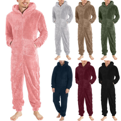 Men's Teddy Bear Fluffy Fleece Hooded Jumpsuit 1Onesie Playsuit Pajamas ...