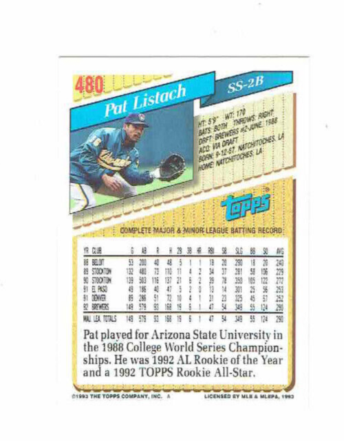 Pat Listach SS-2B Brewers #480 Topps 1993 Baseball Card All Star Rookie ...