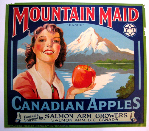 Original MOUNTAIN MAID apple crate label Salmon Arm, British Columbia ...