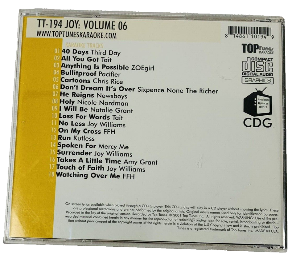 Christian Karaoke TT-194 JOY Vol 6 Tait Williams Grant CDG 18 Songs Top ...