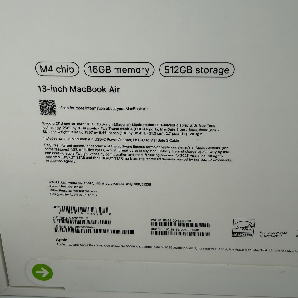 SEALED Apple MacBook Air MW133LL/A 13-inch M4 Chip 16GB 512GB SSD ...