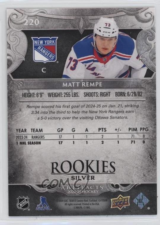 2024 Upper Deck Artifacts Rookie Redemption Redemptions /899 Matt Rempe ...