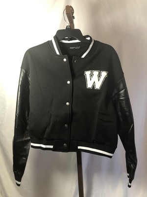 Women’s Faux Leather Sleeve “W” Letterman Jacket Black/White Size 8/10 ...
