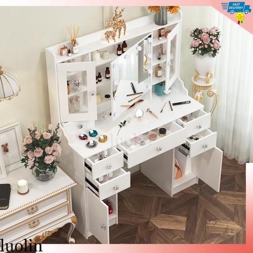 Vanity Table Dressing Desk Makeup with Openable Mirror 5 Drawers & 4 ...