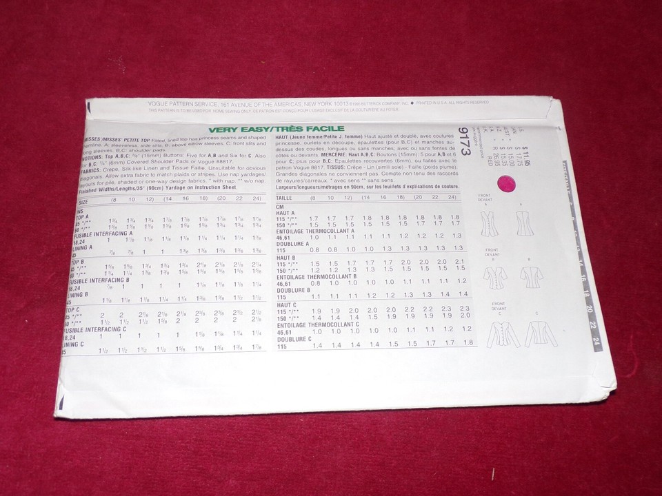 🌺 VOGUE #9173 - LADIES ( 3 STYLE ) FITTED PRINCESS SEAM TOP PATTERN 14 ...