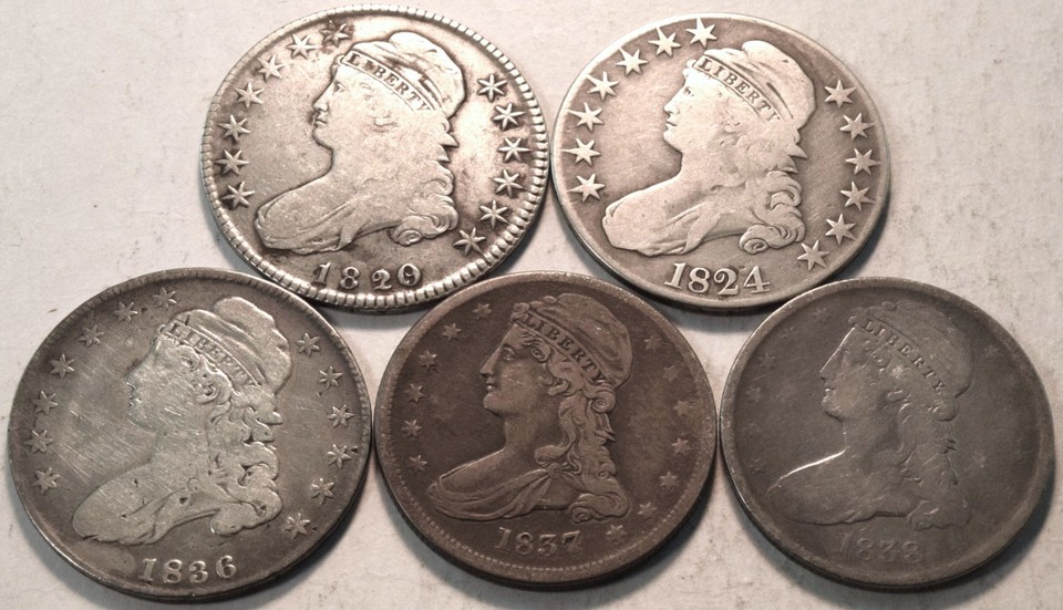 Lot (5) Capped Bust Half Dollars 1820/19 1824 36 1837 1838 Silver 50C ...