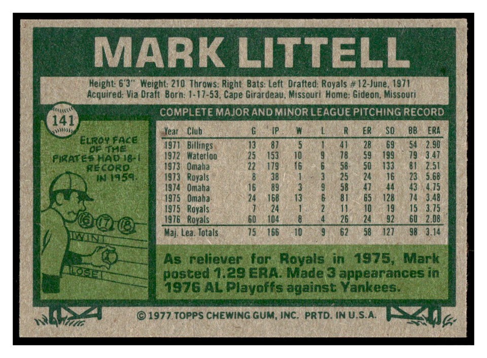 1977 Topps 141 Mark Littell Kansas City Royals | eBay