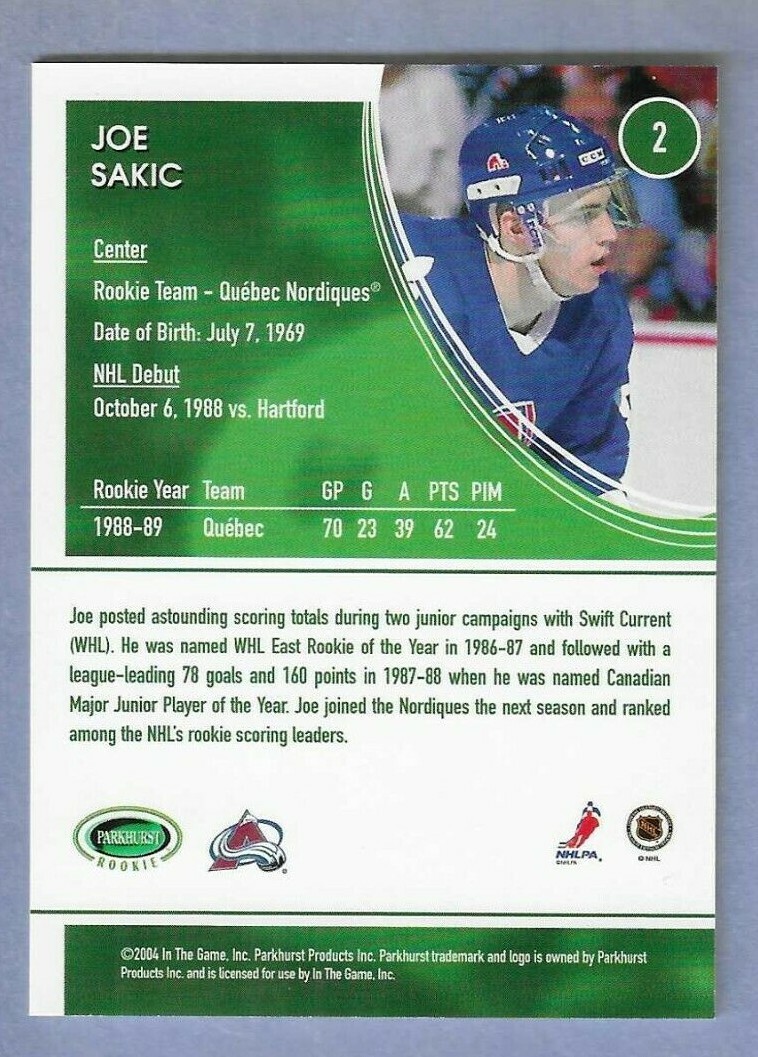 2003-04 Parkhurst Rookie Joe Sakic Card #2 Limited Premium Stock Set ...