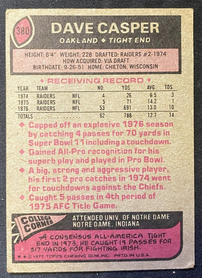1977 Topps 1976 AFC All-Pro Dave Casper Rookie Card #380 - Oakland ...