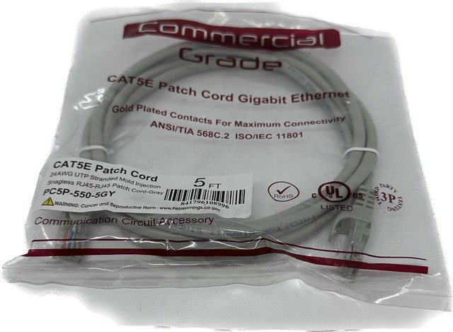COMMERCIAL GRADE PC5P-550-5GY CAT5E PATCH CORD 5FT 24AWG UTP STRANDED ...