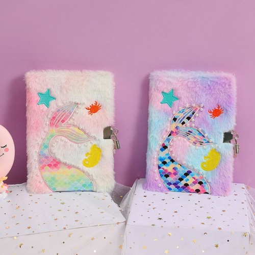 With Lock Lockable Diary Book Mermaid Tail Notepad Portable Plush ...