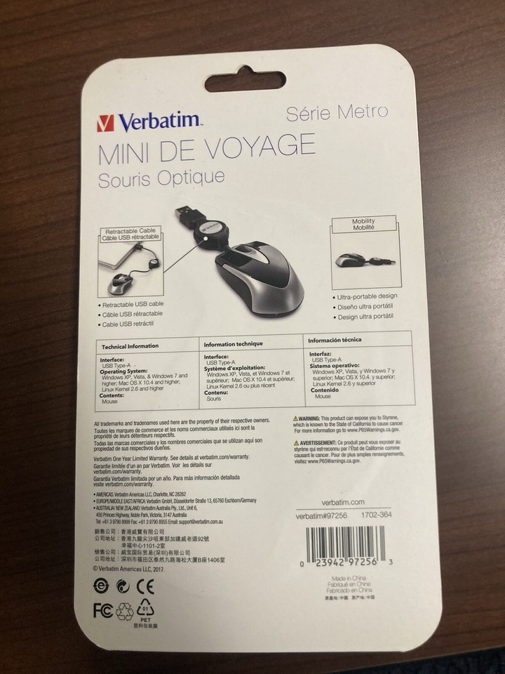 Verbatim Mini Travel USB Retractable Optical Mouse Metro Series #97256 ...