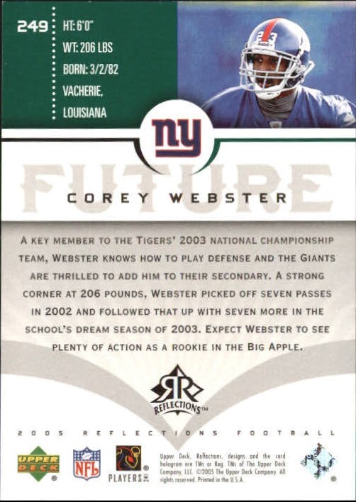 2005 Reflections Green New York Giants Football Card #249 Corey Webster ...