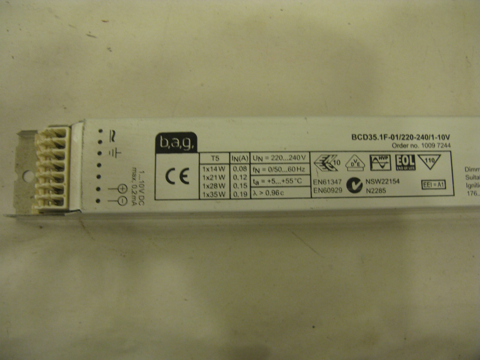 1 x B.A.G. BCD35.1F-01/220-240 Dimmable Ballast for 14W-35W T5 Lamps UK ...