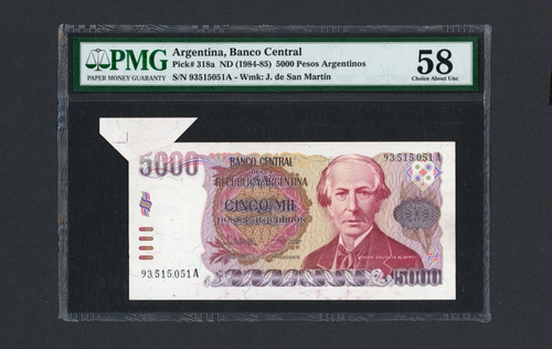 ARGENTINA Banknote P-318a,1984-85,5000 Pesos, BUTTERFLY FOLD ERROR PMG ...
