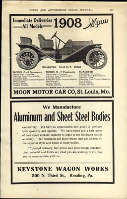 1907 PAPER AD CAR AUTO 1908 Moon Motor Model C D Roadster Automobile St ...