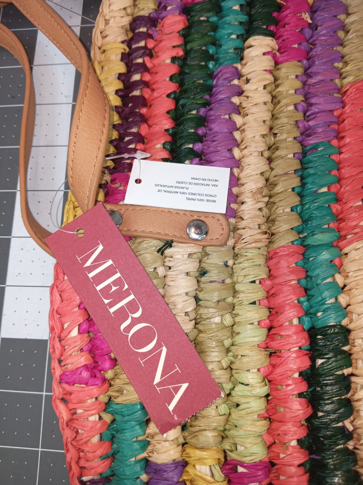 Merona Target Leather Straw Beach Tote Bag Purse Multicolored Paper ...