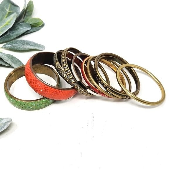 Lot of 10 Assorted Stackable Brass Bangle Lot - Gem
