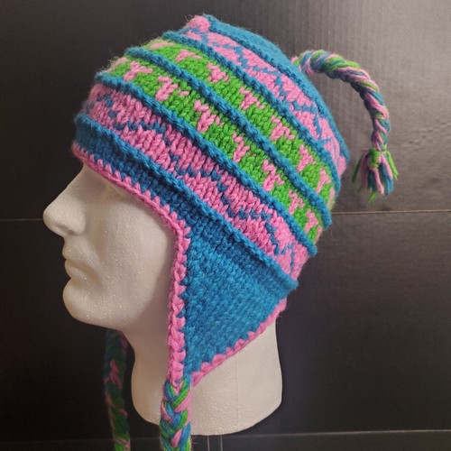 Teal Wool Knit Winter Chullo Knit Hat Blue Pink Green Tassels Adult ...