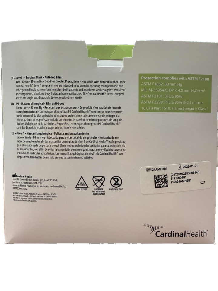 Carinal Health Surgical Mask, Level 1, REF: AT752005, BOX/50, EXP: 2029 ...