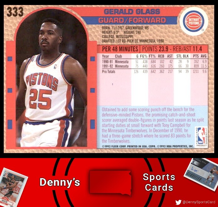 1992 Fleer #333 Gerald Glass Detroit Pistons Basketball Card | eBay