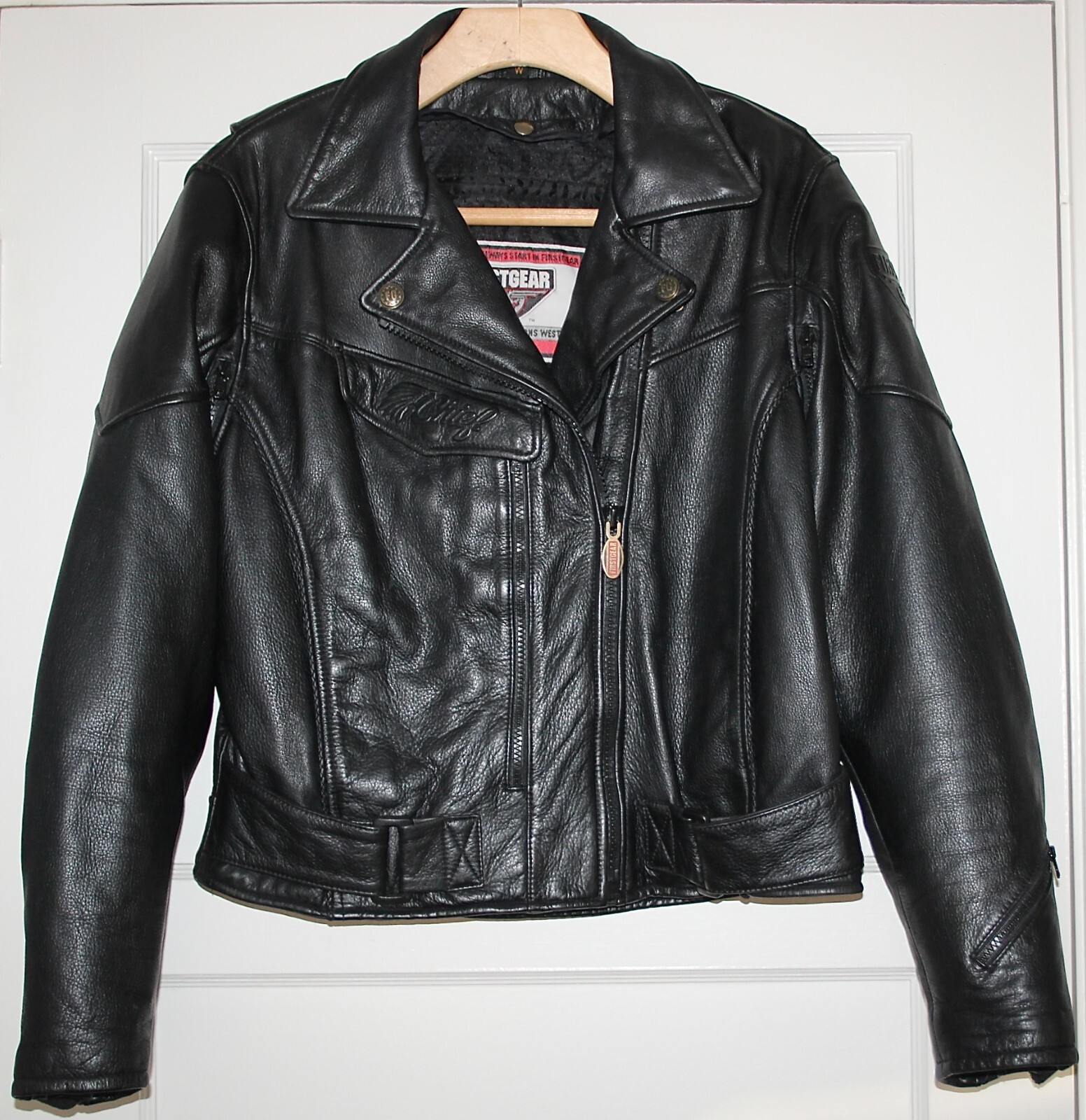 First Gear Black Leather Motorcycle Jacket Biker Ride… - Gem