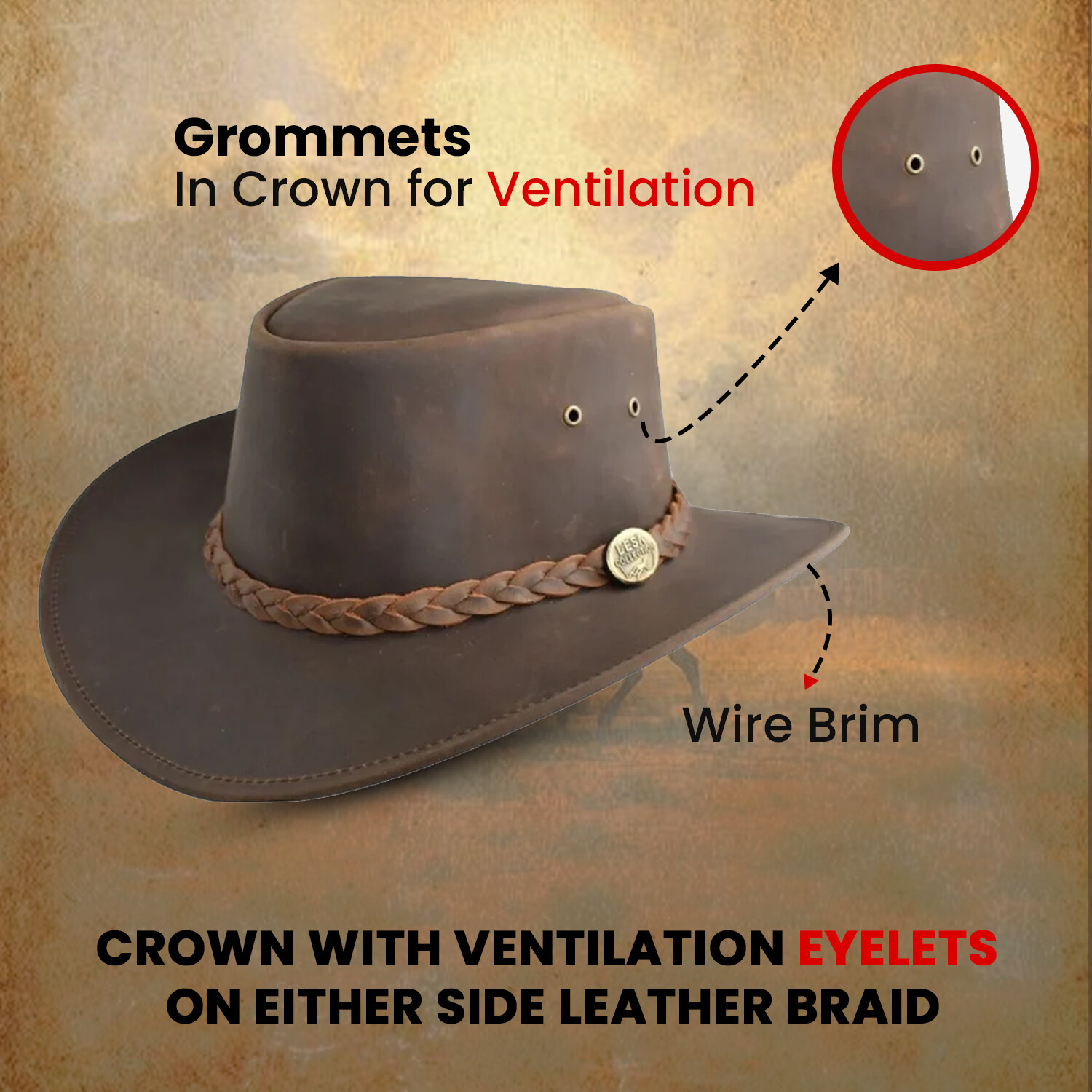 Mens Distressed Leather Western Outback Australian Hat Bush hat Brown ...