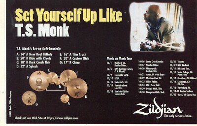 1997 small Print Ad of Zildjian Drum Cymbal Setup w TS Monk | eBay