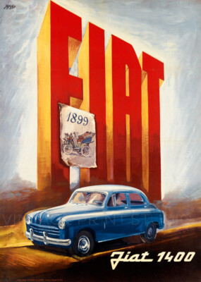 Fiat 1400 Italian Vintage Automobile Advertising Giclee Canvas Print ...