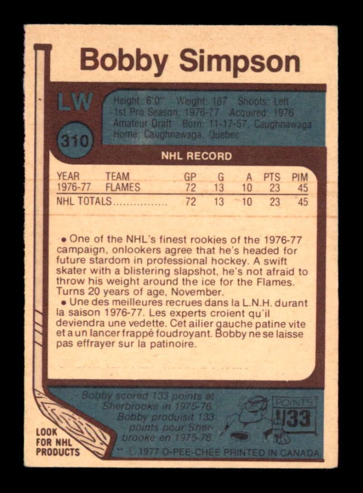 1977 O-Pee-Chee NHL #310 Bobby Simpson RC EX/EX+ X2911978 | eBay