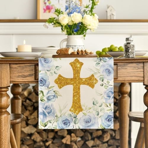 Blue God Bless Boy Baptism Baby Shower Table Runner, First Holy ...