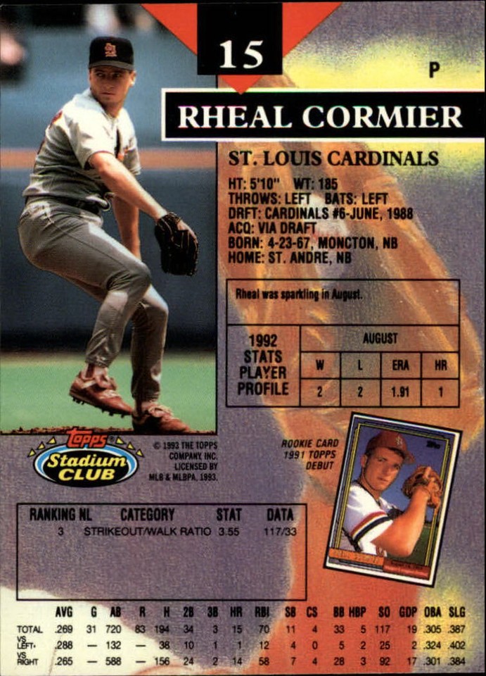 1993 Stadium Club St. Louis Cardinals Baseball Card #15 Rheal Cormier ...
