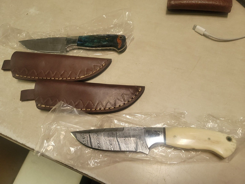 Lot of 2 Demascus Steel Knives Blue and off white handle with cases | eBay