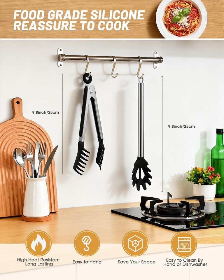 Spaghetti Spoon and Pasta Tong w/ Grip Teeth and Drain Holes 2-Piece ...