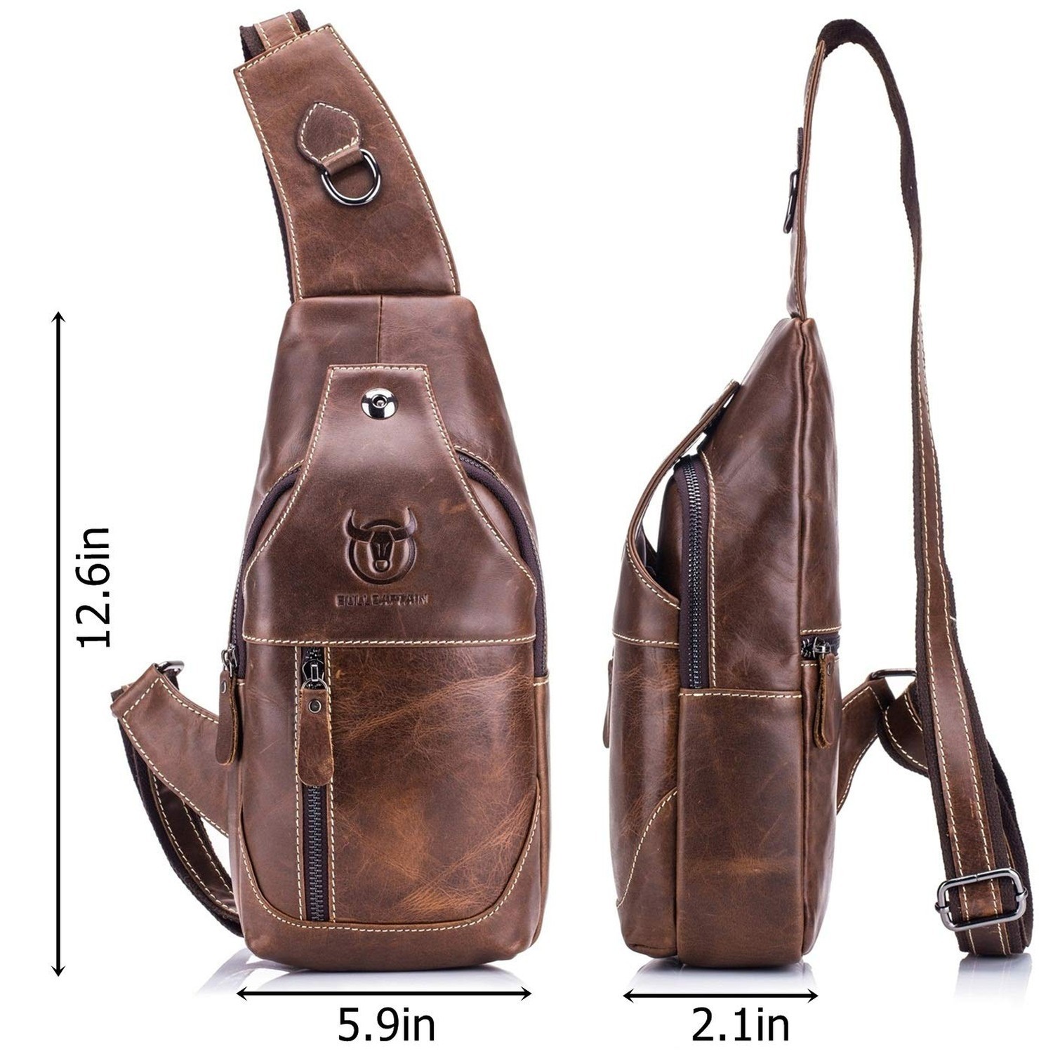 BULLCAPTAIN Genuine Leather Men Sling Crossbody Bag Multi-pocket Chest ...