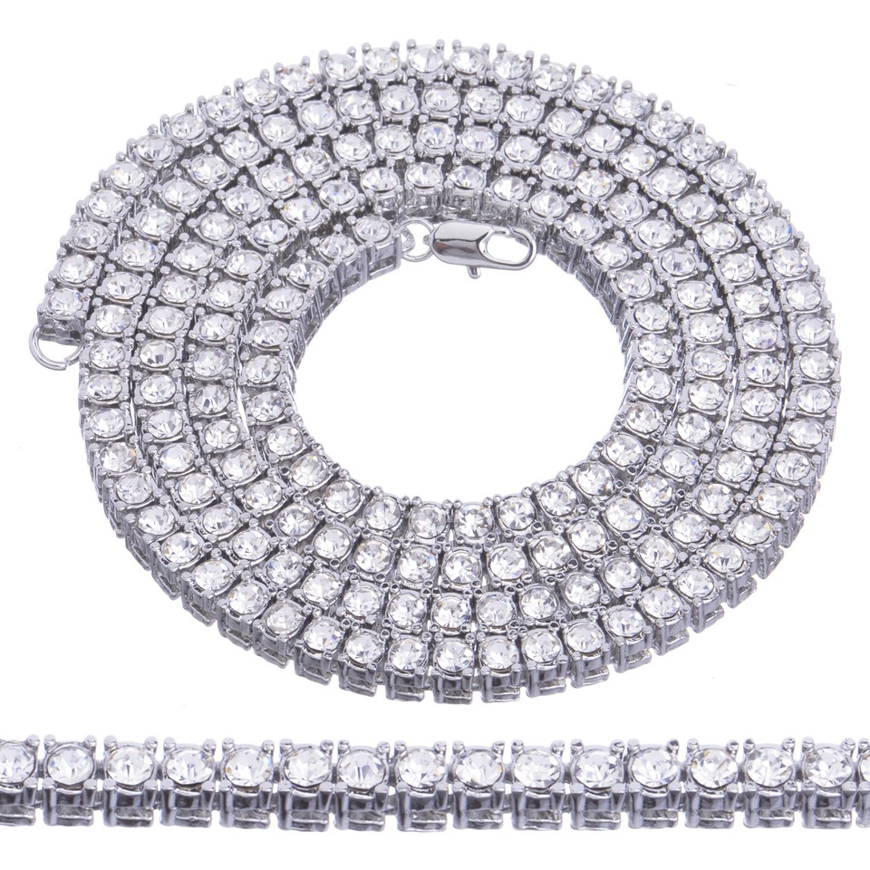 18" & 22" Double Tennis Chain & 2 Row Bracelet SET Men's Women's Silver ...