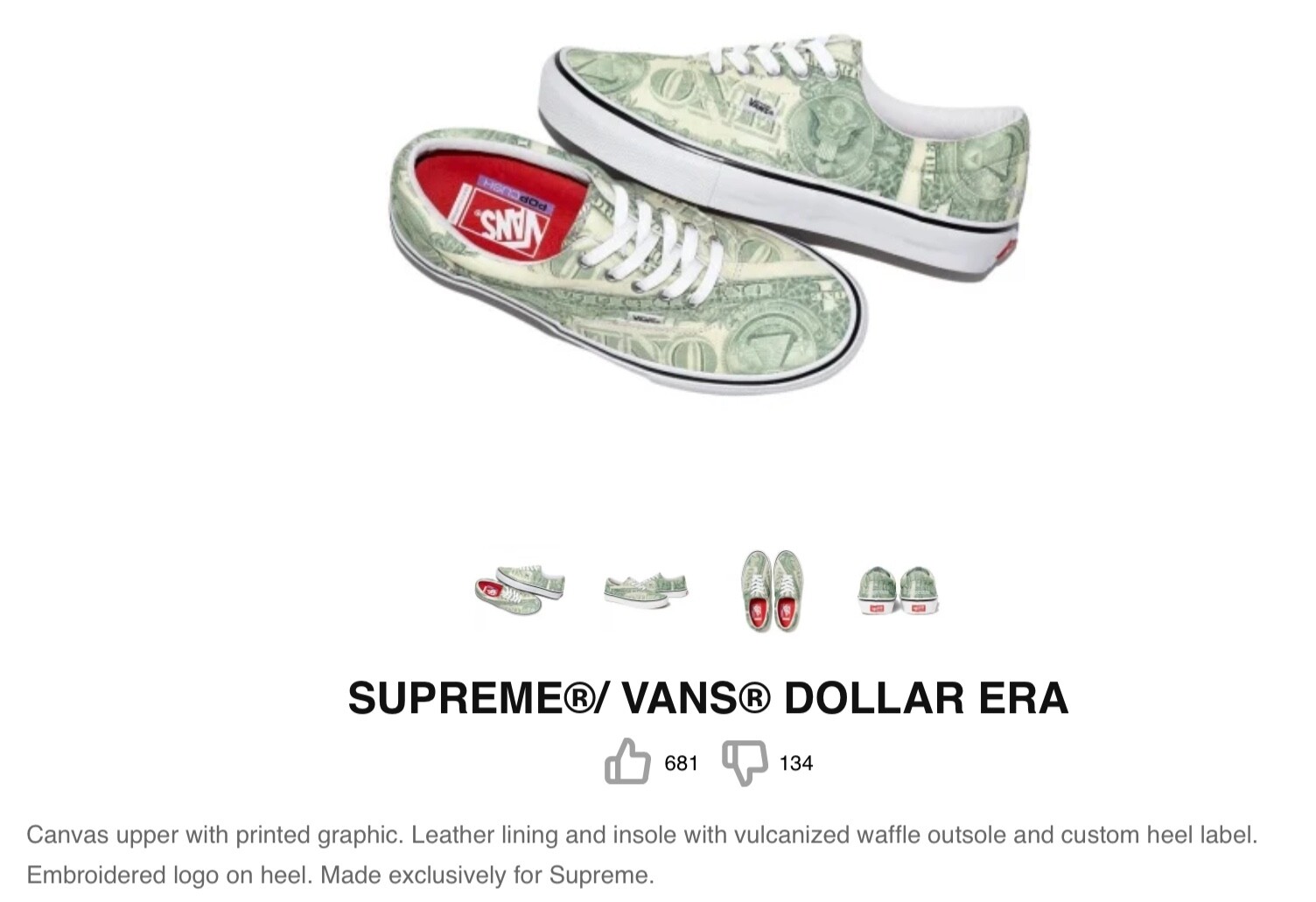 Supreme x VANS Collab Skate Era Shoes **Dollar Bill G… - Gem