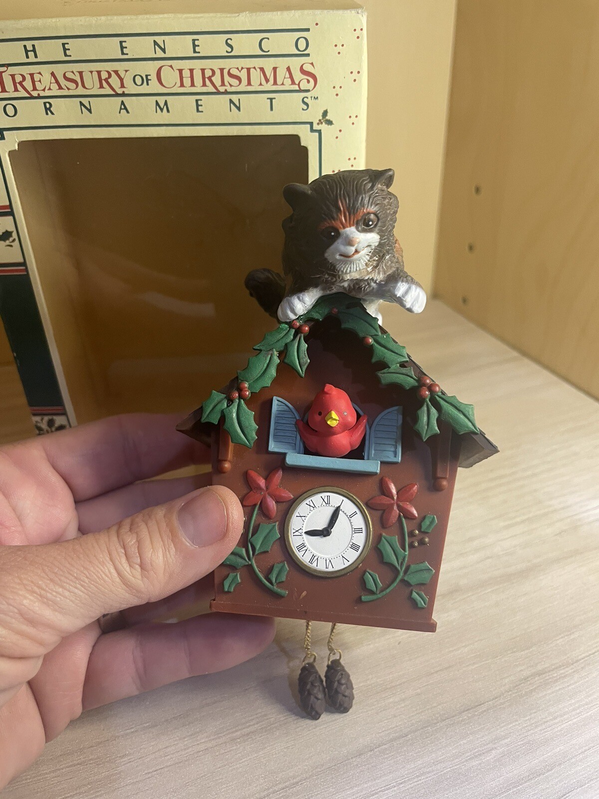 Enesco Cat on Cuckoo Clock Ornament M Gilmore Designs 1988 Christmas is ...