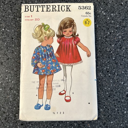 Vintage BUTTERICK #5362 Pattern Girl's Dress, Toddlers’ Size 1, Cut ...