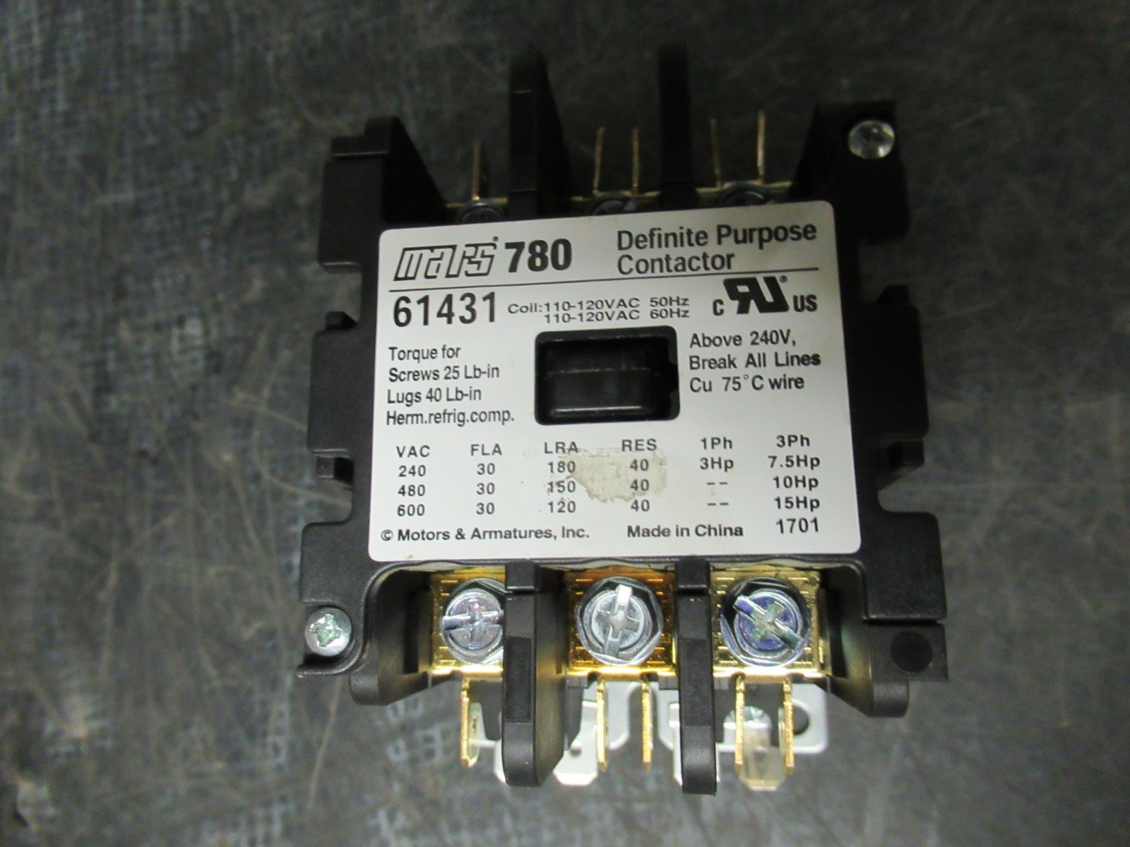 MARS 780 CONTACTOR 61431 600V 30 AMP 40A/RES 10HP 120 V COIL *WARRANTY ...